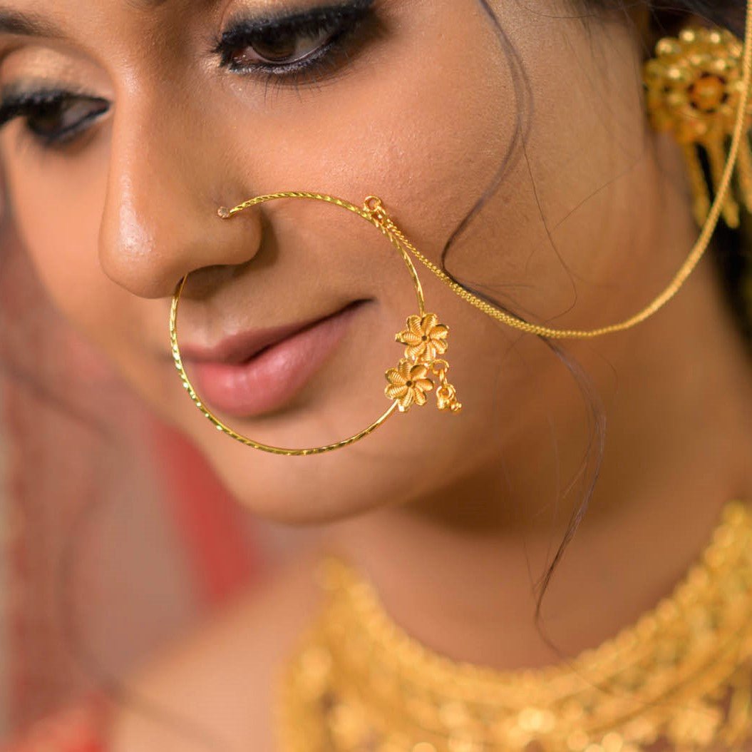 Flower Duo Golden Drop Nose Ring (Nath)